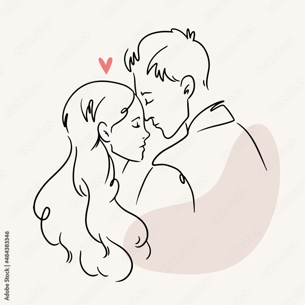 Sketch of a young couple in love.Line art in a minimalist style.Modern ...