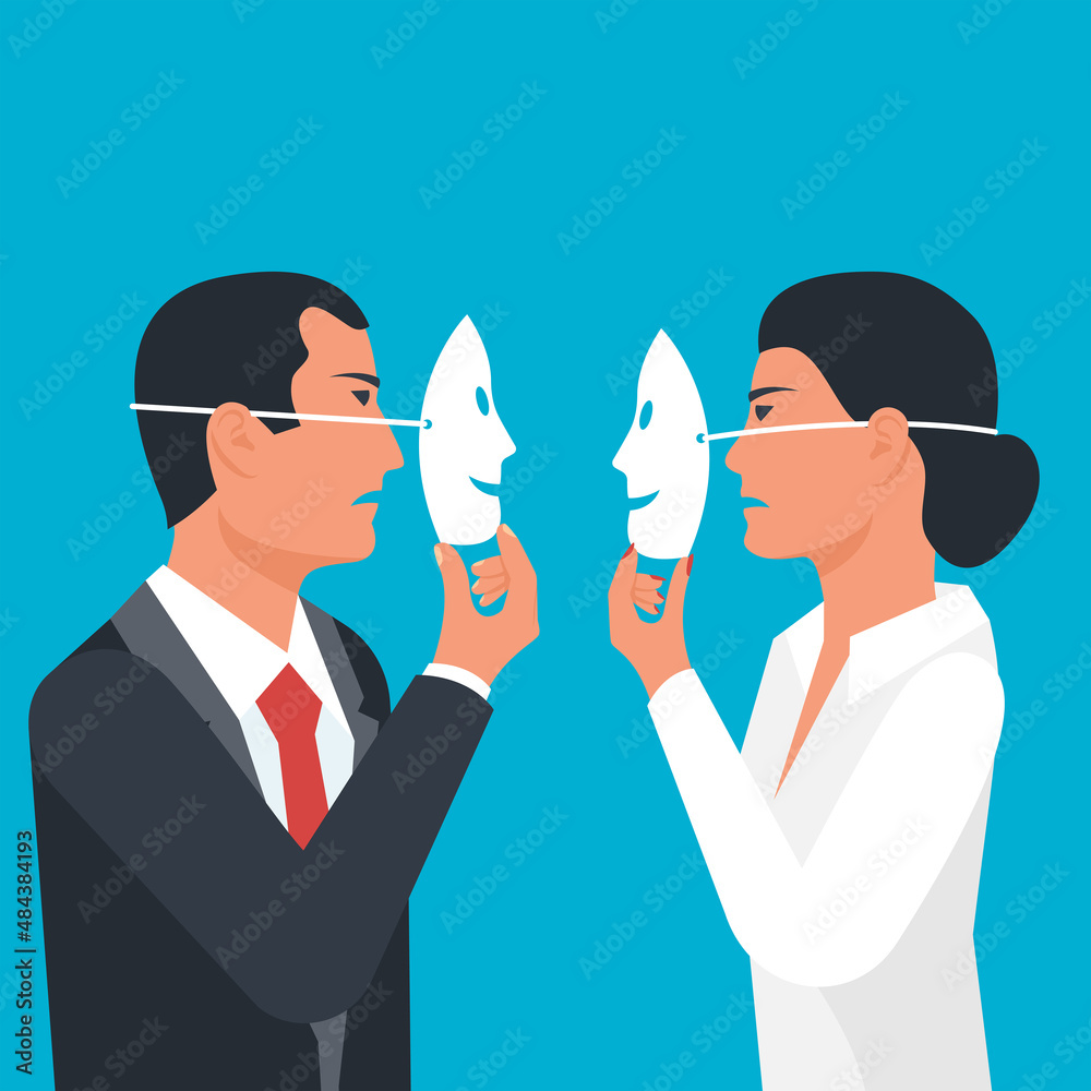 Hypocrisy concept. Lying mask hide real emotion. Vector illustration ...