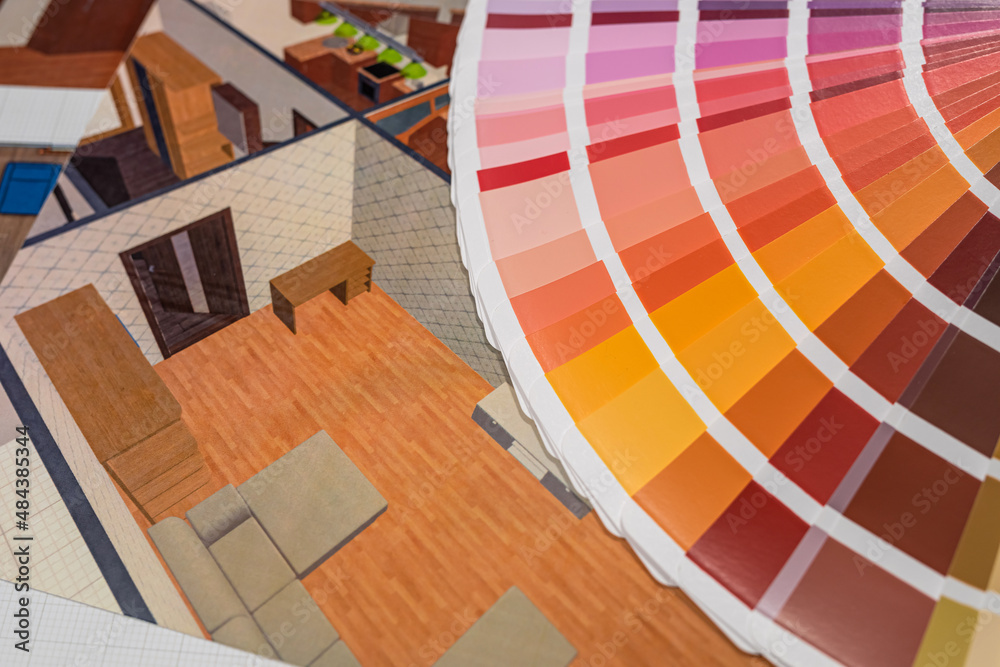 Architectural design of work with color palette and sketch plan printed ...
