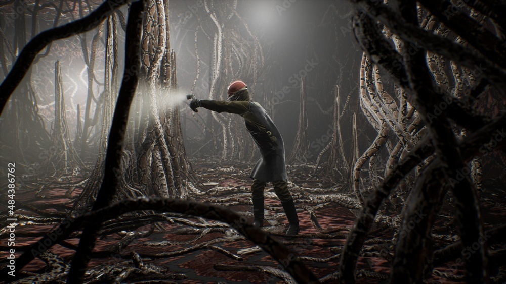 A biologist in a protective special suit walks through a cave with ...