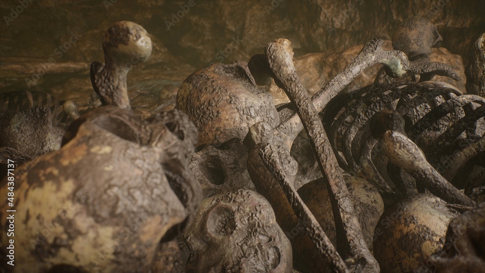 Old bones, skulls and skeletal remains lie in a dark old and scary cave ...