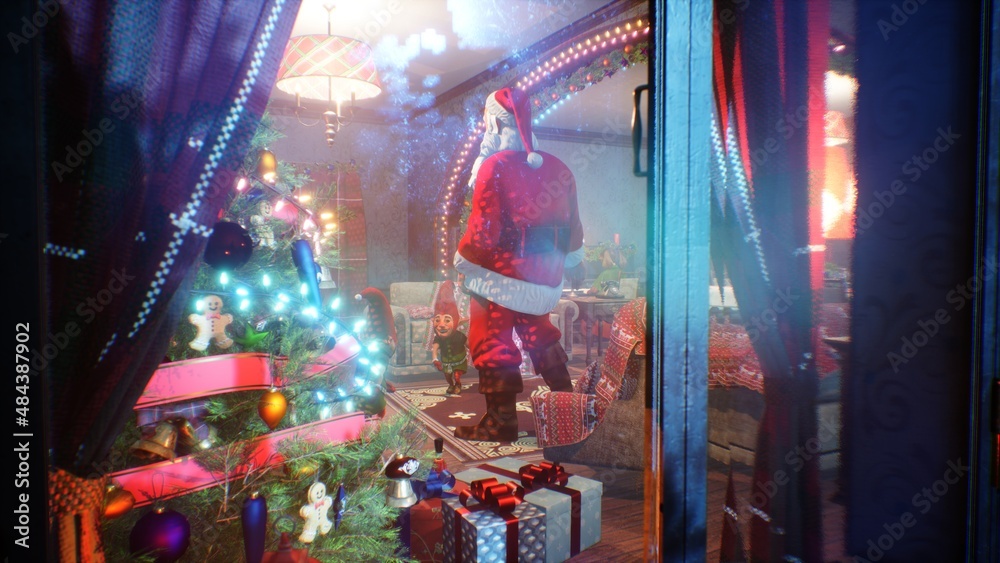 Santa Claus and the cheerful elves dance in celebration of Christmas ...