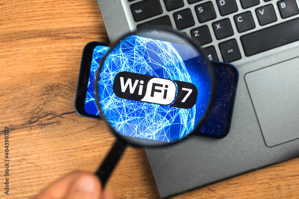 Wi-Fi 7 generation background, icon close-up. Smartphone supporting new ...