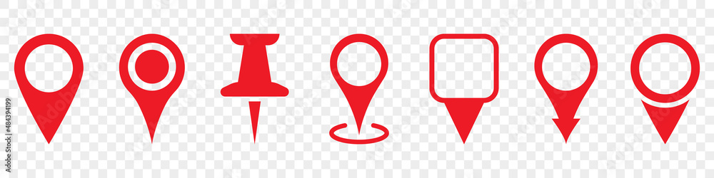 Red Location Pointer Set on Transparent Background. Map Marker Points ...