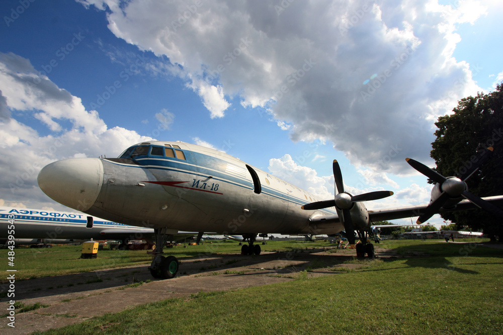Exterior view of an Aeroflot Ilyushin Il-18 "Coot" large turboprop ...