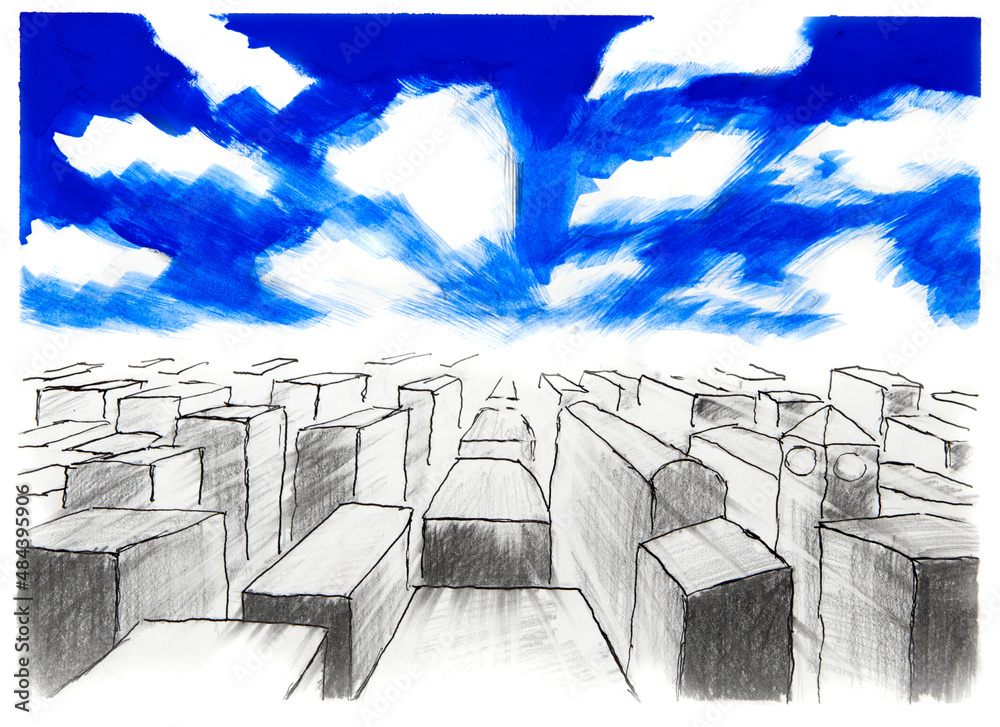 Drawing of the view from the feather face when flying over the roofs of ...