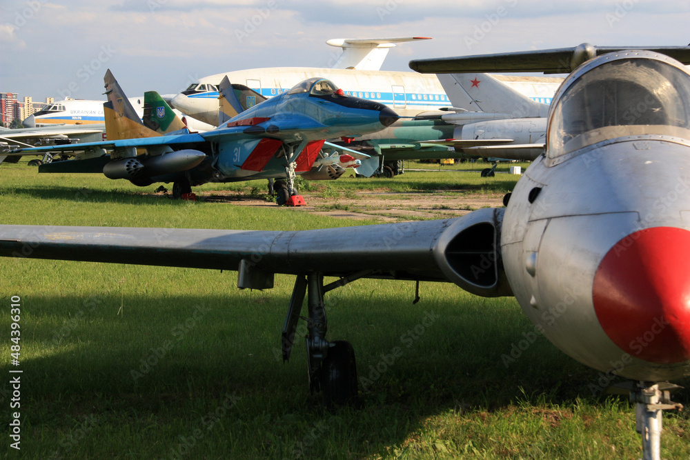 Front view of an Aero L-29 "Delfin" jet trainer and a Mikoyan MiG-29 ...