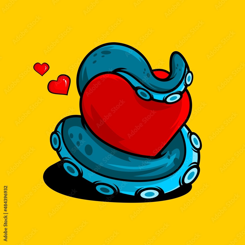 vector illustration of an octopus wrapped around a love sign, cartoon ...