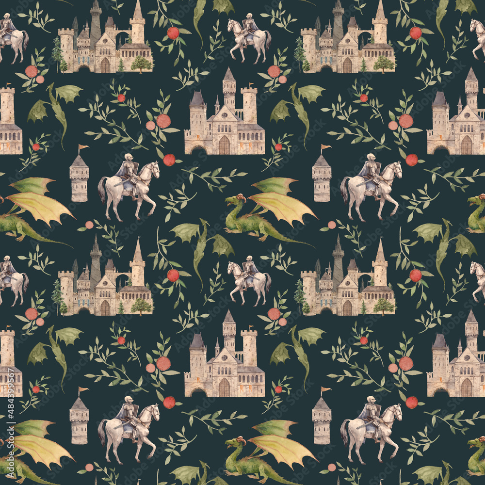 Medieval seamless pattern with castle, dragons, knights and floral ...