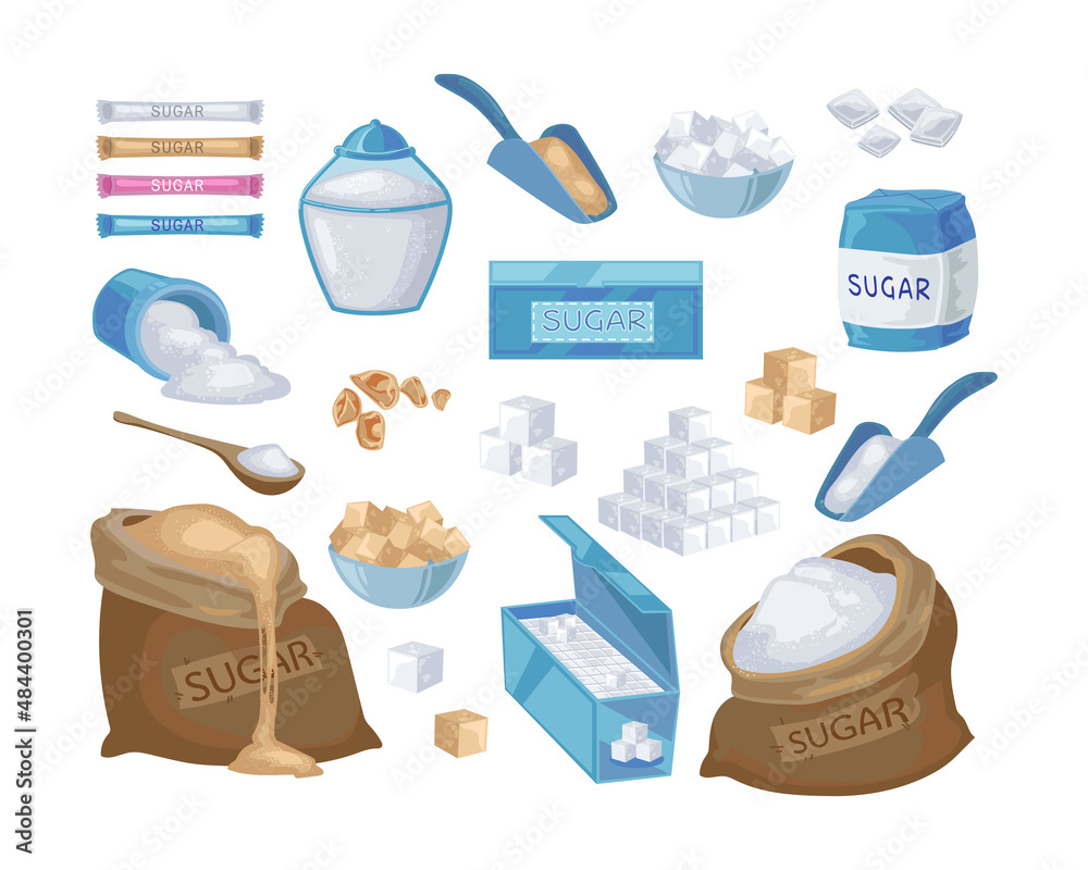 Granulated and cube sugar cartoon illustration set. Bag, block, pack ...
