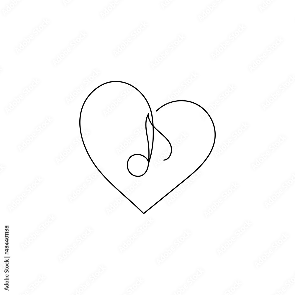 Continuous one line drawing. Heart and music note Stock Vector | Adobe ...