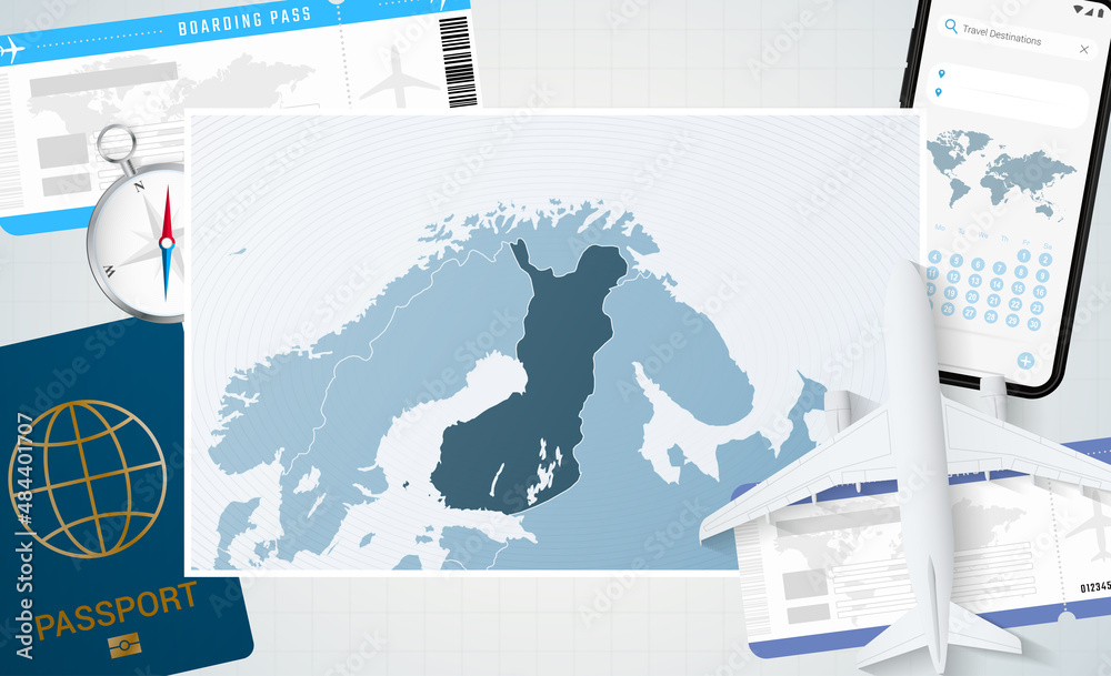 Journey to Finland, illustration with a map of Finland. Background with ...