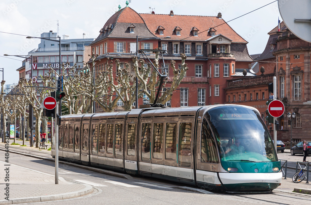 Modern tram (model Eurotram) on a street of Strasbourg, Alsace region ...