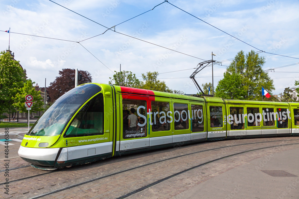 Modern tram (model Eurotram) on a street of Strasbourg, Alsace region ...