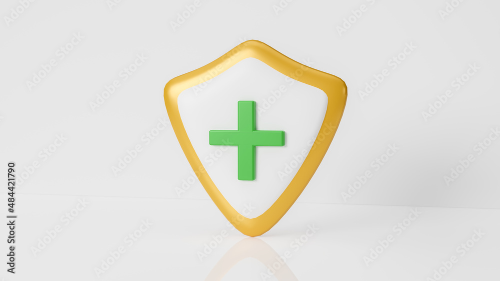 Shield with a plus sign, healthcare medicine protected yellow steel ...