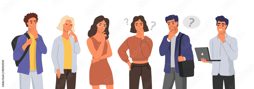 People flexing with question marks vector. Male and female characters ...