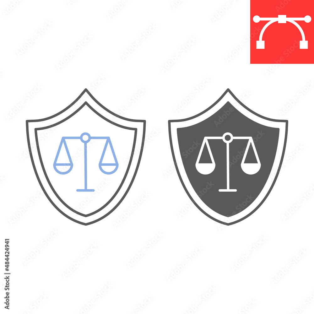 Insurance law line and glyph icon, protection and lawyer, shield and ...