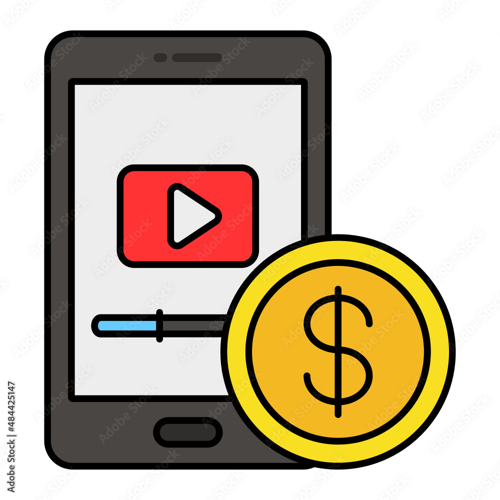 Money Making Thru Video Clip Concept, Paid Content Vector Color Icon Design, Video blogger ...