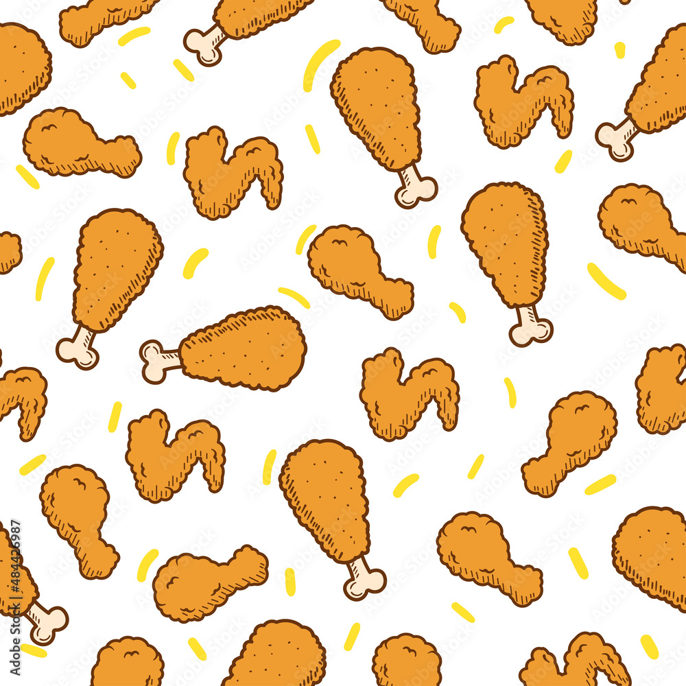 Fried chicken seamless pattern vector with colorful hand-drawn style ...