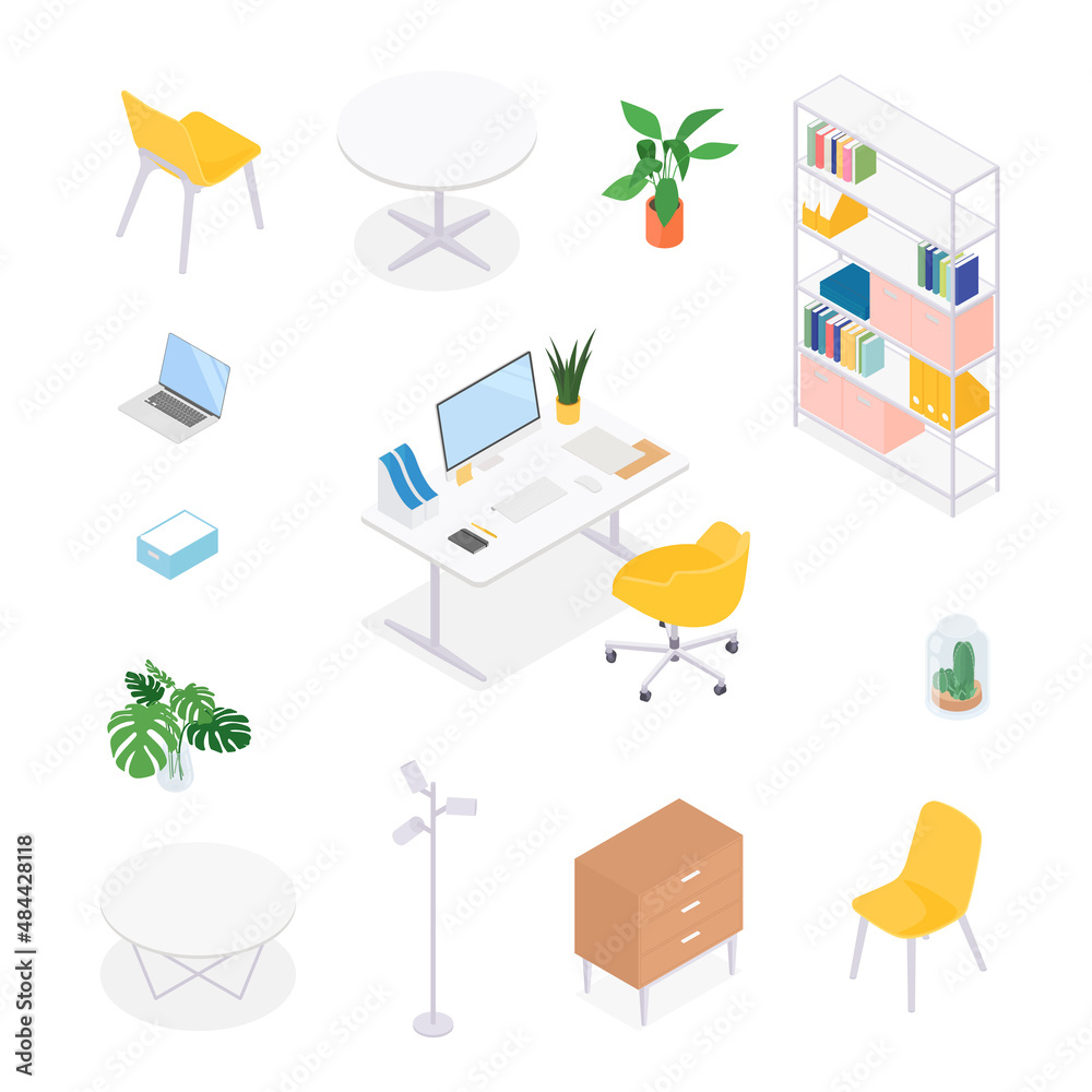 Isometric office desk, workspace. Vector illustration in flat design ...