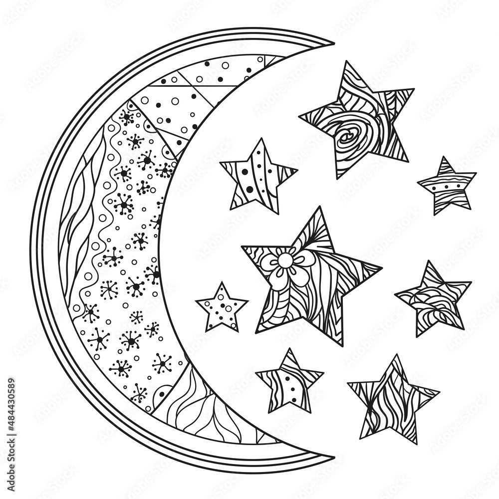 Moon and stars with abstract patterns on isolation background. Design ...