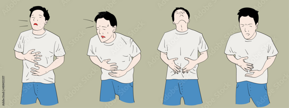 Vetor de Unhealthy man suffer from stomach ache or gastritis. Unwell ...