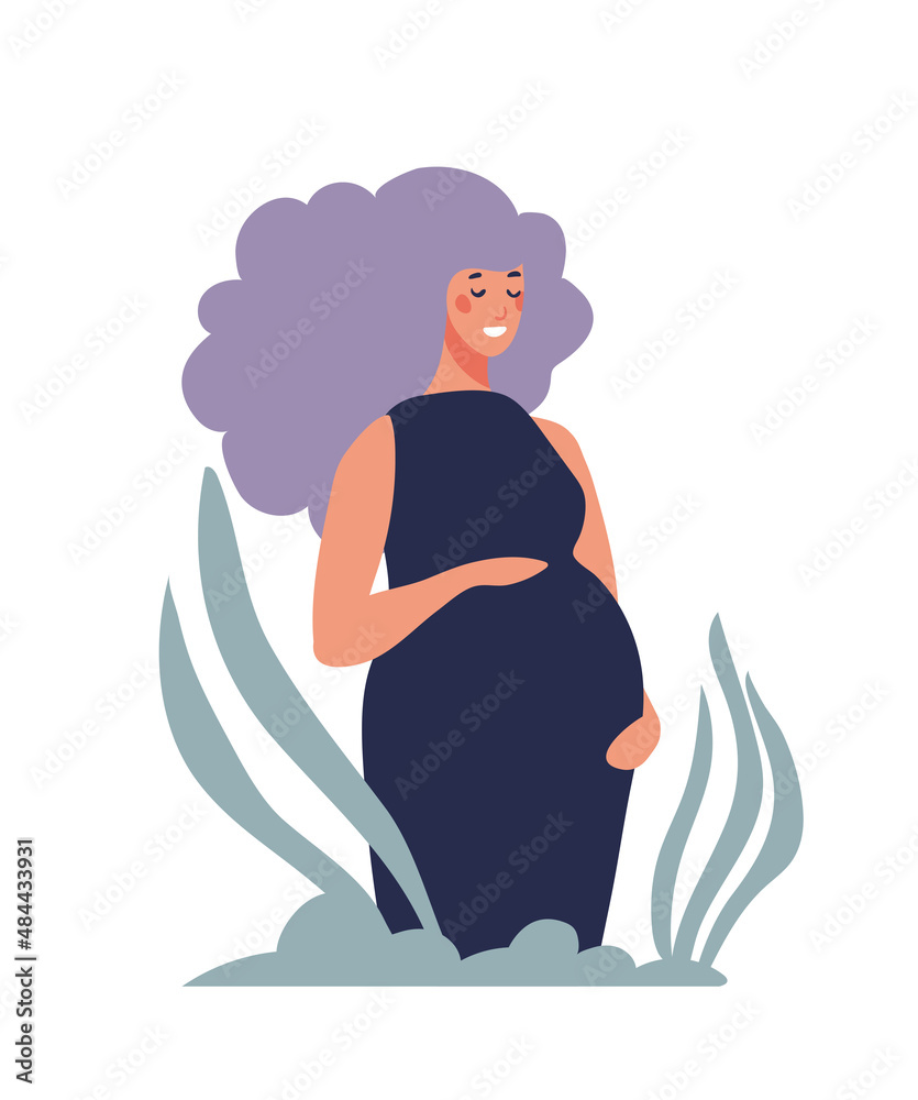 A pregnant woman hugs her belly and smiles. Flat cartoon character ...