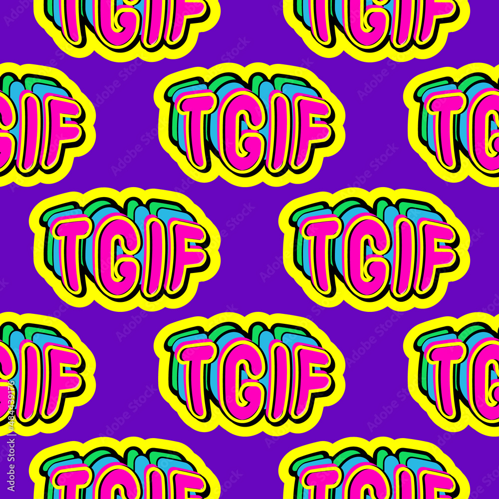 Seamless pattern with word patches "TGIF" (the acronym for "Thank God ...