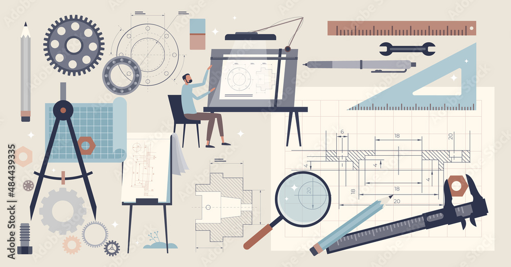 Technical drawing and detailed blueprint draft elements tiny person ...