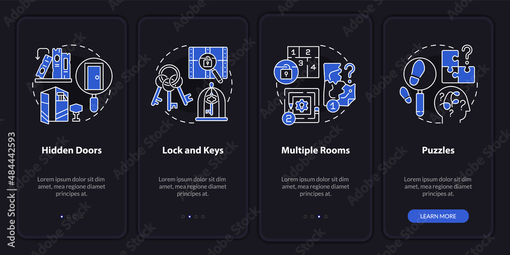 Escape room attributes night mode onboarding mobile app screen ...