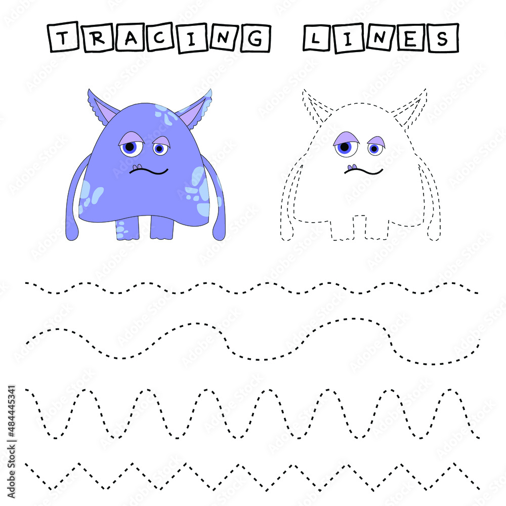 Tracing lines game with funny monsters. Worksheet for preschool kids ...