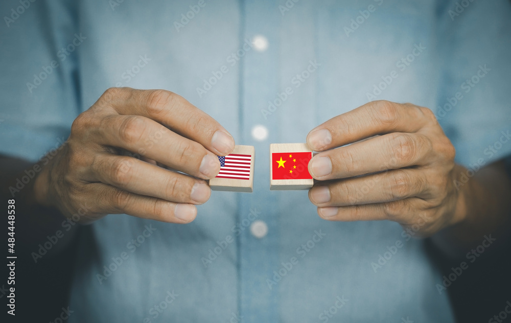 hand holding wood block concept business import export United States of ...