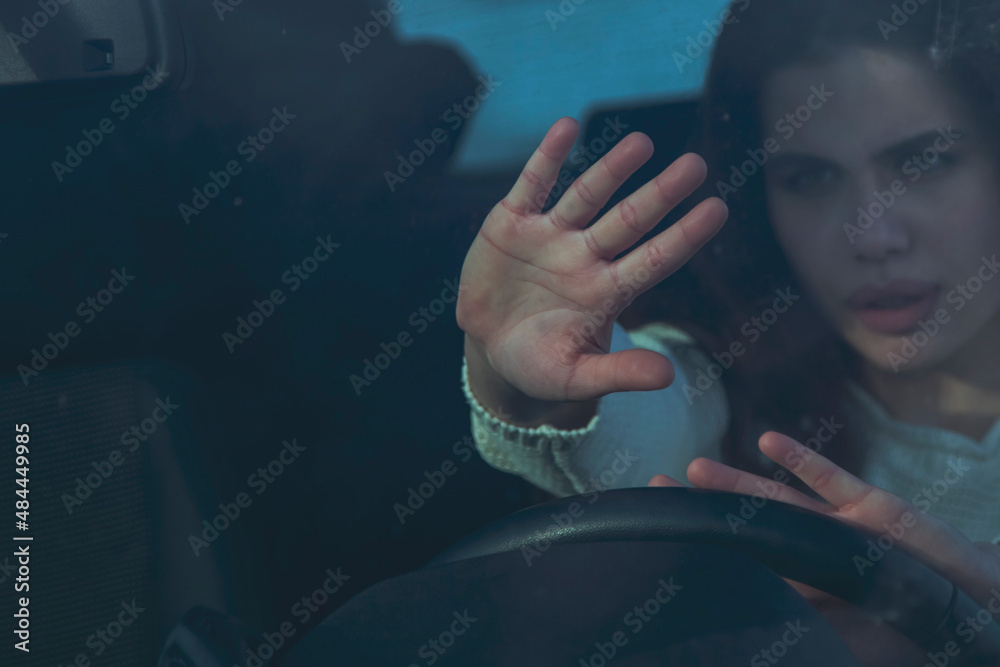 Portrait of stressed and confused woman panics in a dangerous situation ...