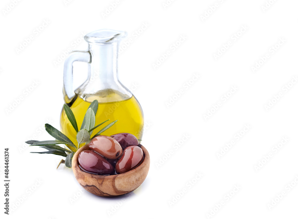 Red olives and olive oil on white background. Kalamata Olives with oil ...