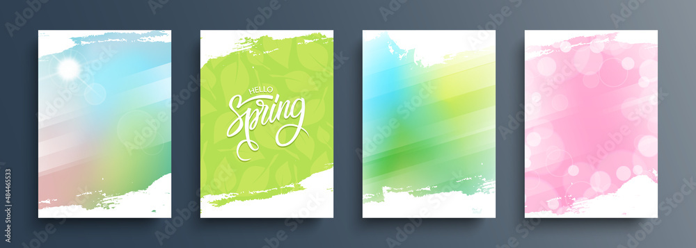 Spring season backgrounds set with bright sun, hand lettering and brush ...