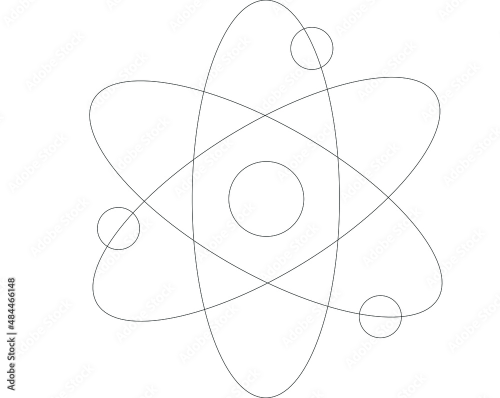 Atomic nucleus icon structure. Around the atom, gamma waves, protons ...