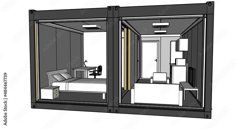 3d illustration of a container building. Suite room with double bed ...