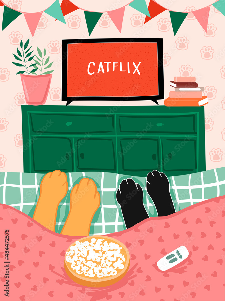 Cat couple watch tv together. Happy kitties sitting on couch and ...