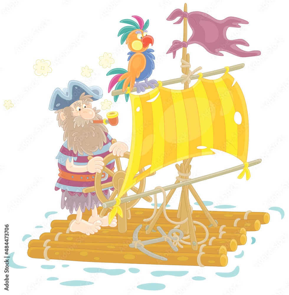 Lonely sea rover floating on a wooden raft with a steering wheel, a ...
