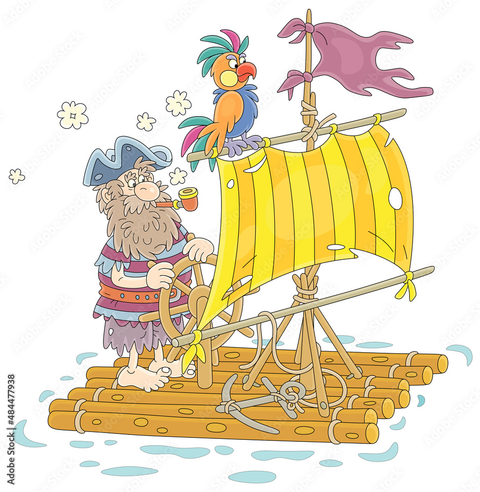 Lonely sea rover floating on a wooden raft with a steering wheel, a ...