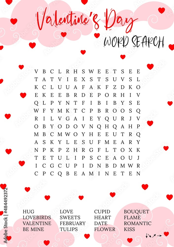 Valentine's Day (14 February) word search puzzle. Printable party card ...