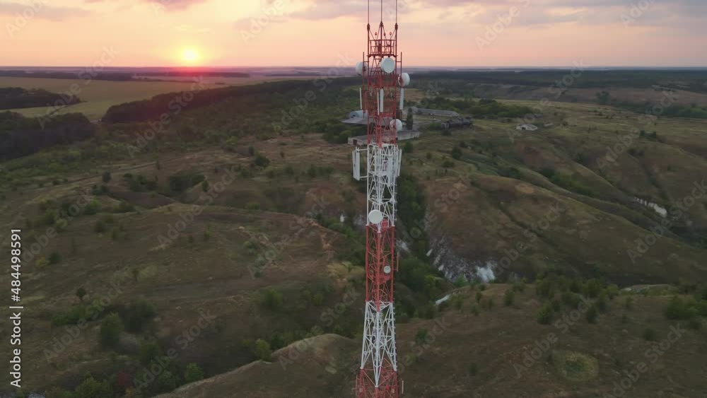 Cell site of telephone tower with 5G base station transceiver. Aerial ...