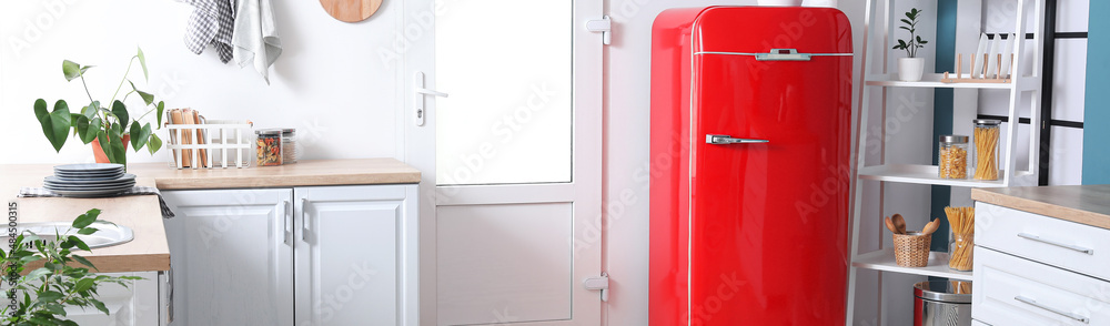 Interior of modern kitchen with stylish red refrigerator Stock Photo ...