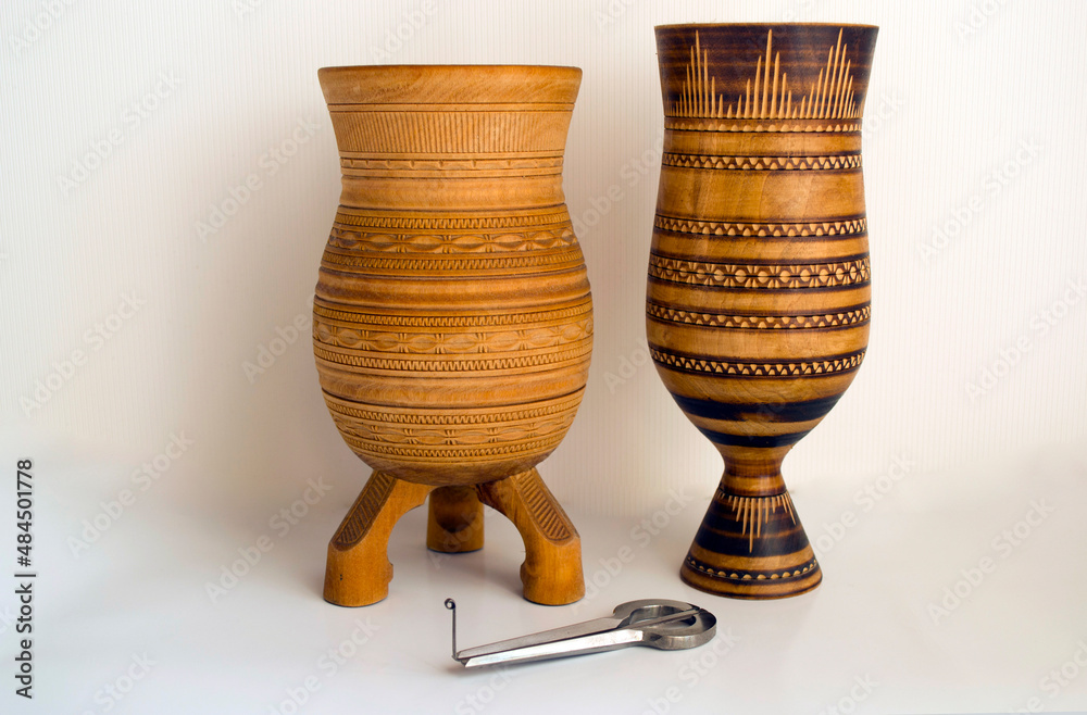 Two Yakut wooden chorons (a vessel for koumiss) with beautiful carvings ...
