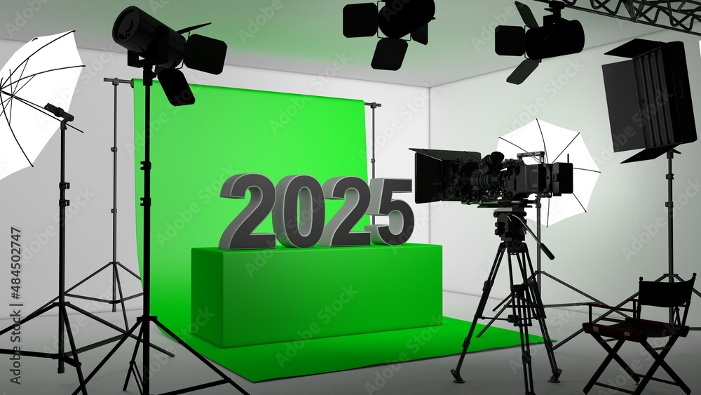 3D illustration of green studio equipment setup with the number 2025 on ...