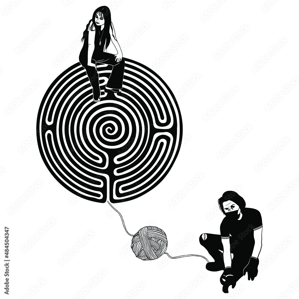 Man and woman and round spiral maze or labyrinth symbol with yarn ball ...