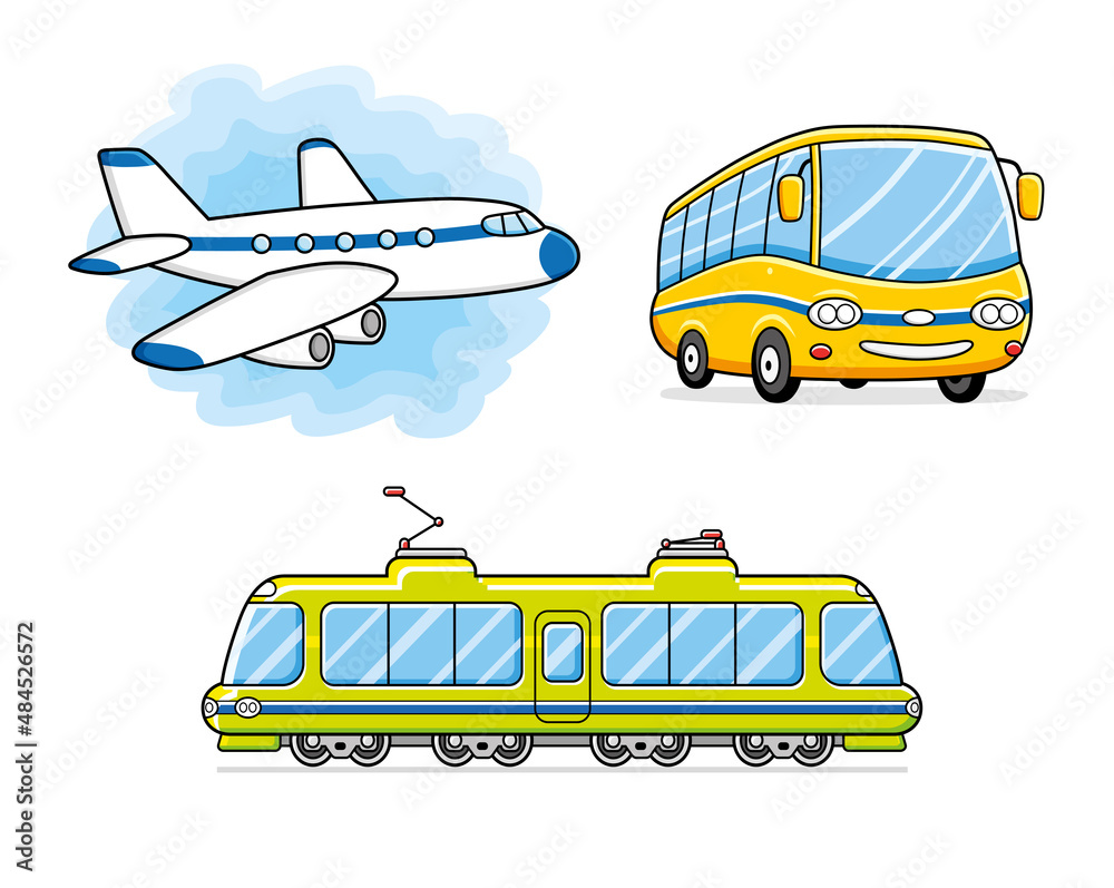 Bus, jet airplane and train isolated cartoon vector icons, passenger ...