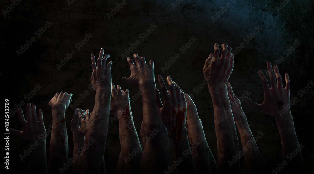 Dead humans terrible zombies, hands raised from a terrifying dark ...
