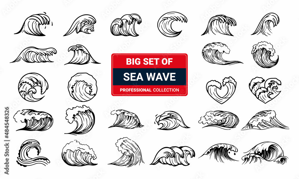 Big storm wave sketch set big set of ocean waves isolated on white ...