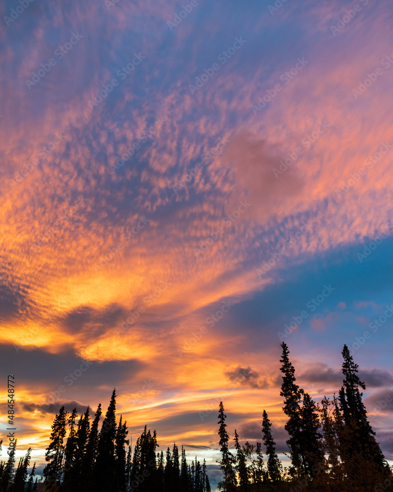 Portrait landscape view of a bright, stunning sunset in northern Canada ...